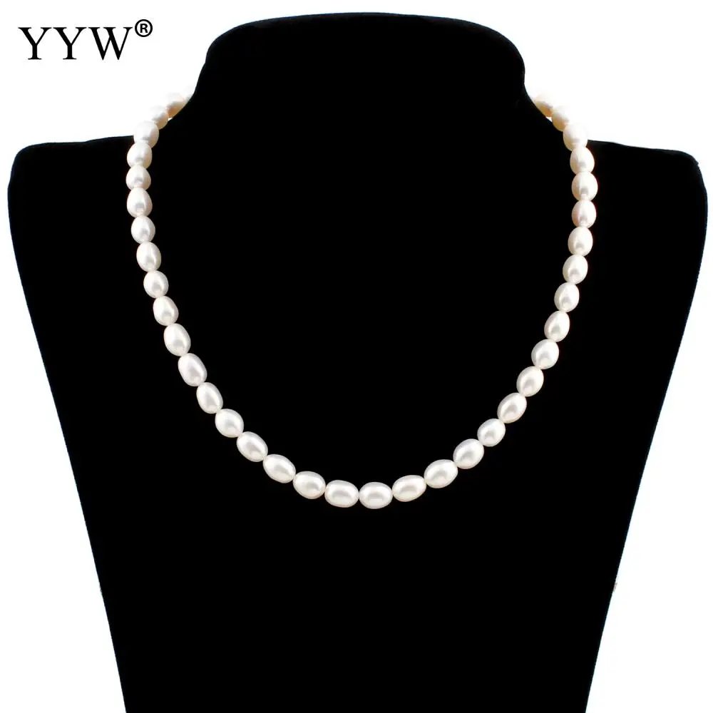 Natural Freshwater Pearl Necklace Jewelry White 7 8mm Rice Pearl Beaded