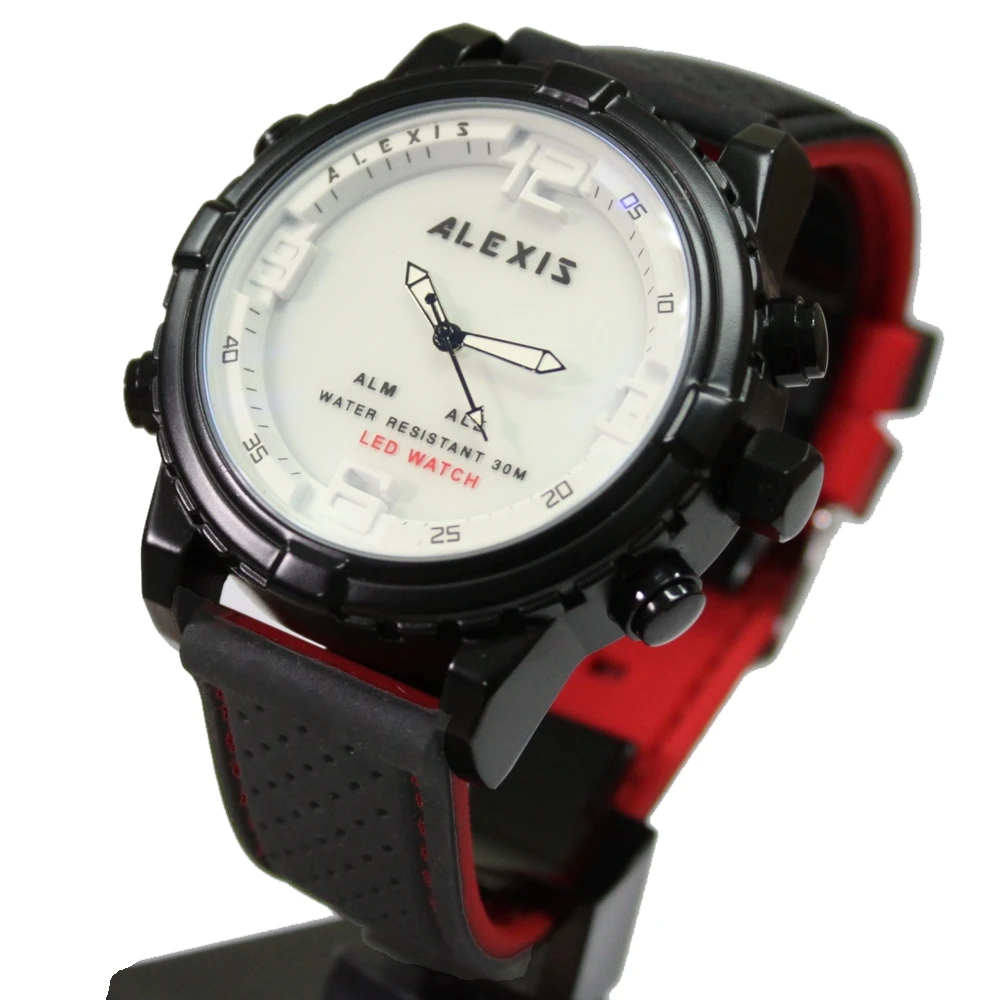 Alexis 브랜드 방수 새로운 2 톤 실리콘 블랙 레드 밴드 남성용 듀얼 타임 아날로그 시계 led 시계 montre ...