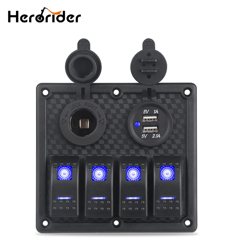 4-Gang-Boat-Rocker-Switch-Panel-Cigarette-Lighter-Splitter-12V-Car ...