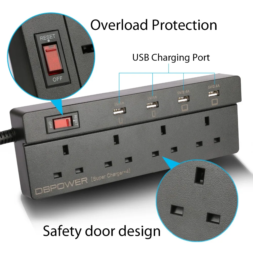 DBPOWER 4 Power Sockets & 4 USB Power Strip Surge Protected Extension ...