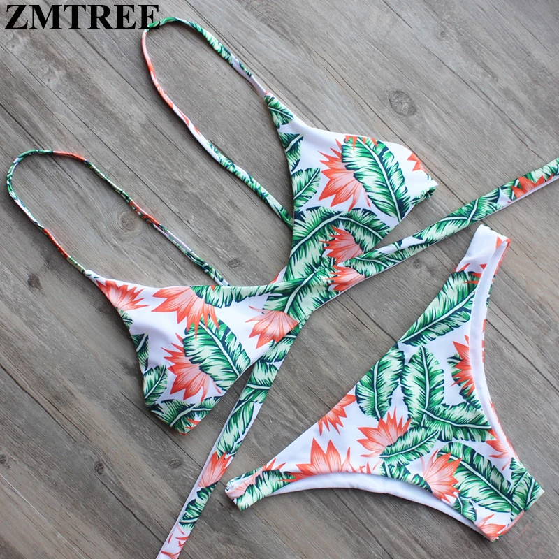 Zmtree Hot Floral Print Bandage Bikini 2017 Summer Style Swimsuit Women
