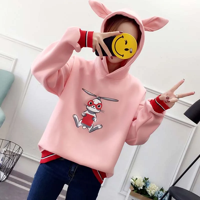 Women Loose Rabbit Ear Hooded Sweatshirts Autumn Rabbit Printed Long