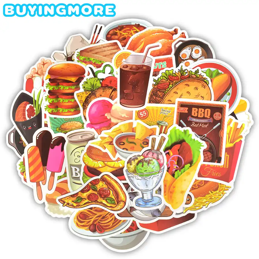 50 PCS Tasty Fast Food Stickers Toys for Children Hamburger Fries Pizza ...