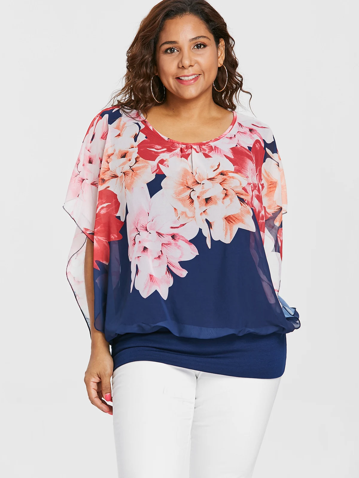 Wipalo Plus Size Loose Floral Print Overlay Popover Blouse Casual Three ... Wipalo Plus Size Loose Floral Print Overlay Popover Blouse Casual Three ...