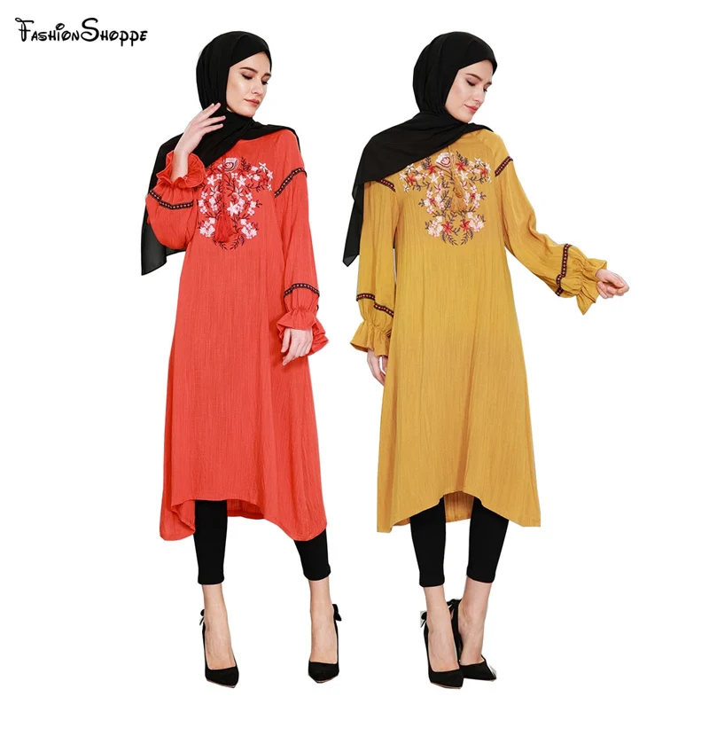 Women Cotton linen Solid Embroidery Elastic Muslim Islamic Shirts ...