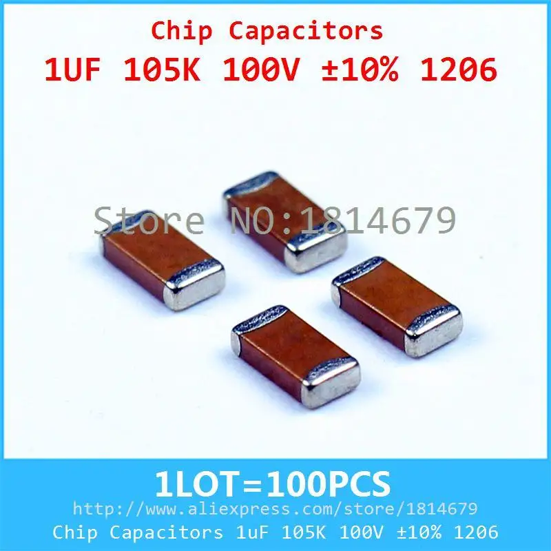 1LOT=100PCS Chip Capacitors 1uF 105K 100V 10% 1206 1000nF 1000000pF ...