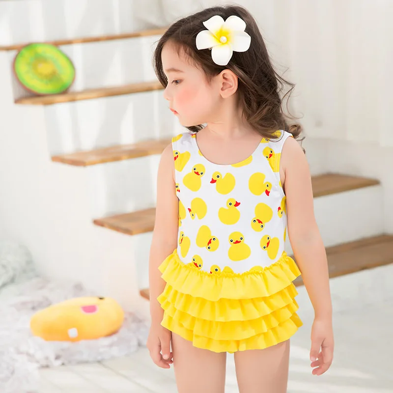 Girls One Piece Swimsuit with Swimming Cap New Summer yellow swimwear ...