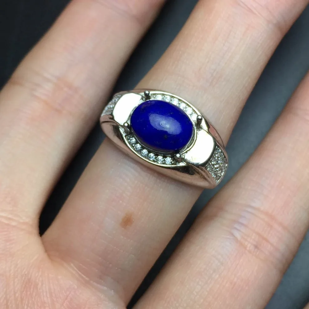 Natural Blue Lapis Lazul Gem Ring S925 Silver Natural Gemstone Large Luxury Heavy Ring Girl Men ...