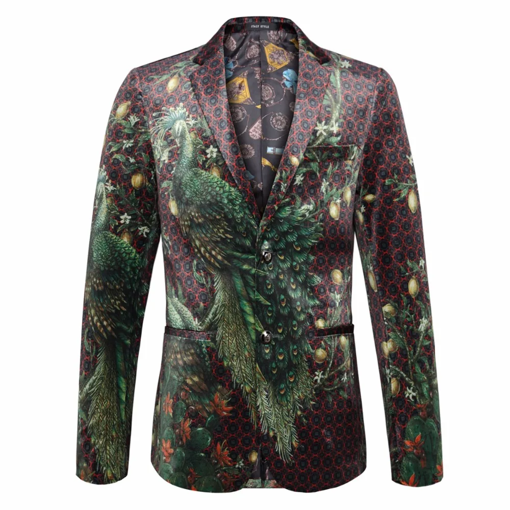 Yffushi 2018 Fashion Men Suit Jacket Green Peacock Print Luxury Blazer Party Dress Stage Perform