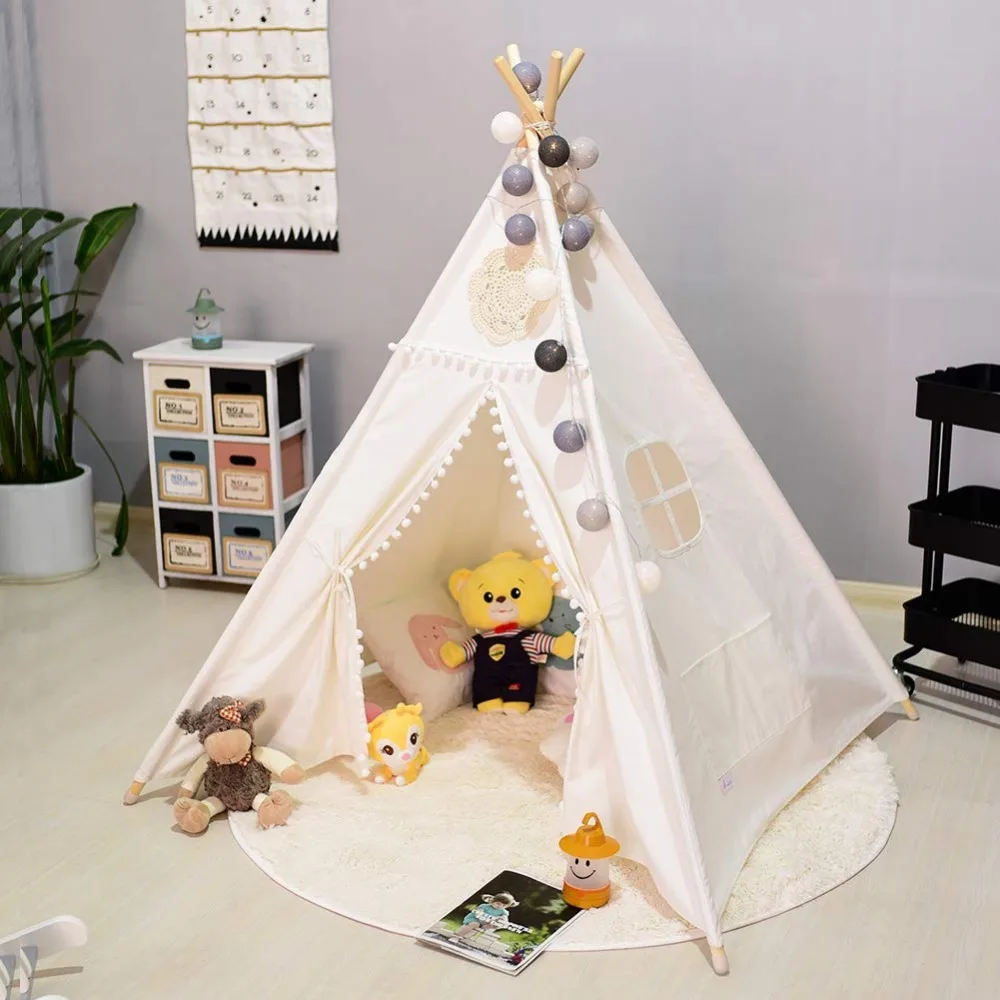 White Canvas Teepee Kids Teepee Pom Poms Indian Play Tent House ...