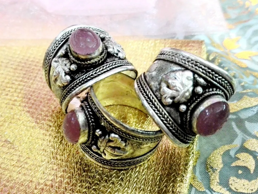 5pcs-Lot-Excellent-Old-Tibet-Silver-Pink-Crystal-Stone-Ring-Buddhism ...