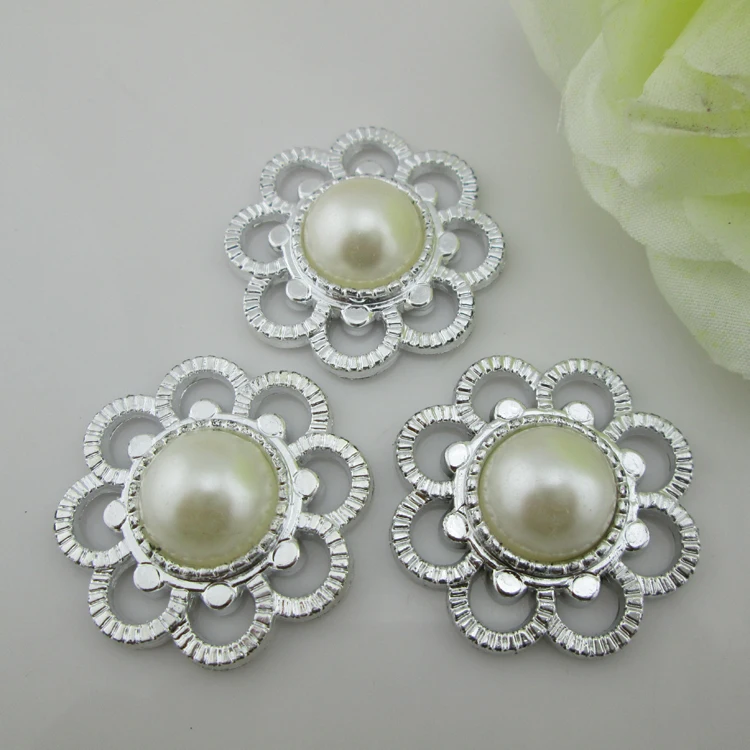 (PB03 35mm)50 X Round Ivory Faux Pearl Button Silver Tone ...