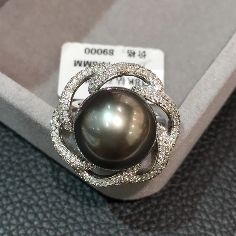Anillo de perla negra grande natural de aproximadamente 15MM para mujer ...