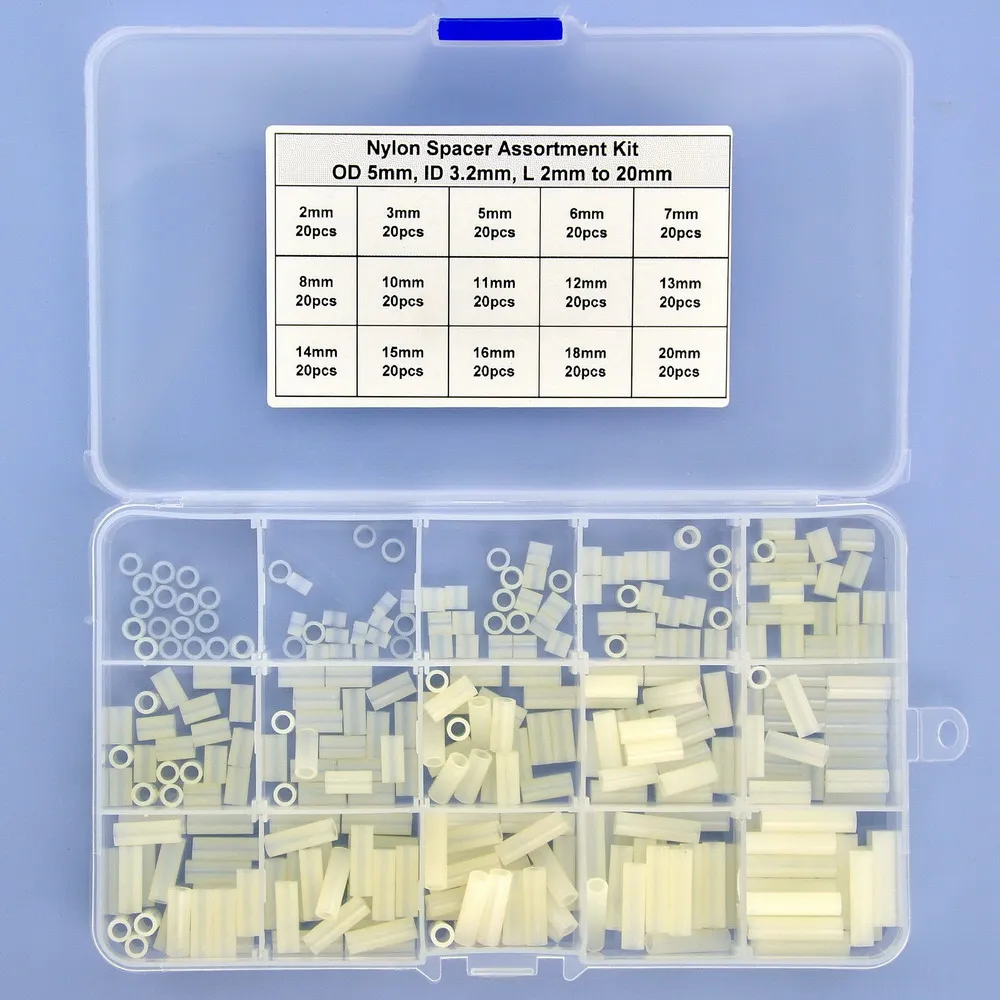 Nylon PA66 Round Spacer Assortment Kit. OD 5mm, ID 3.2mm, L 2 to 20mm ...
