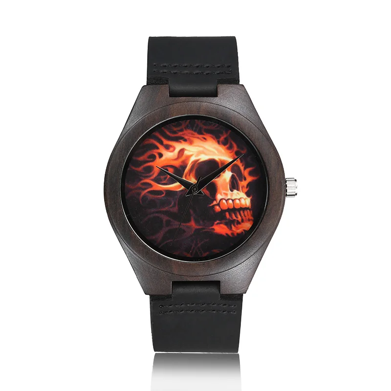 Burning Fire Skull Head Wood Wristwatch Mens Women Wrist Quartz Watch ...