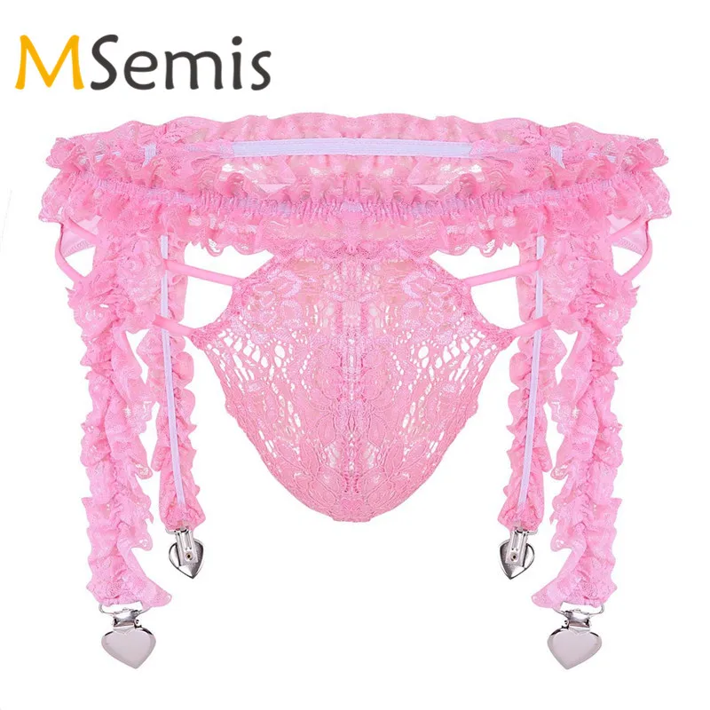 Mens Sissy Lingerie Set Garter Sissy Panties Ruffled Lace Straps Heart Clip Garter Belt Bikini