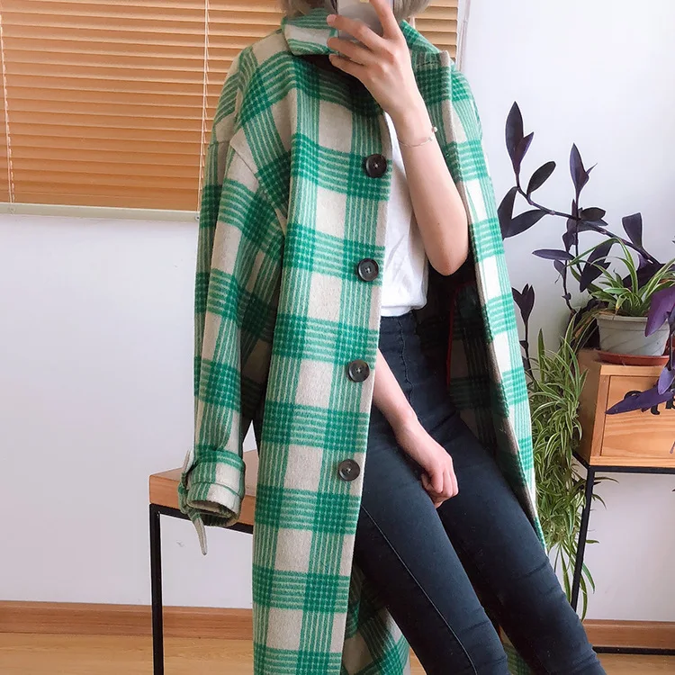 In the long green cloth Korean popular grid han edition wool coat|Wool ...