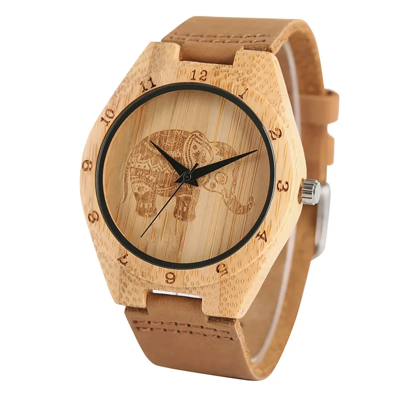 Fashion Men Nature Bamboo Wood Quartz Watch Analog Elephant Engraved ...
