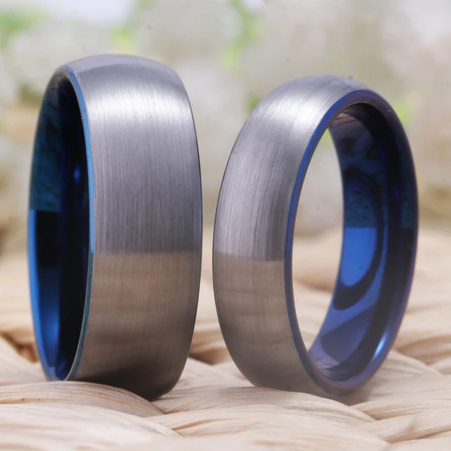 Couples Brushed Matte Silver Tungsten Ring with Blue Lining
