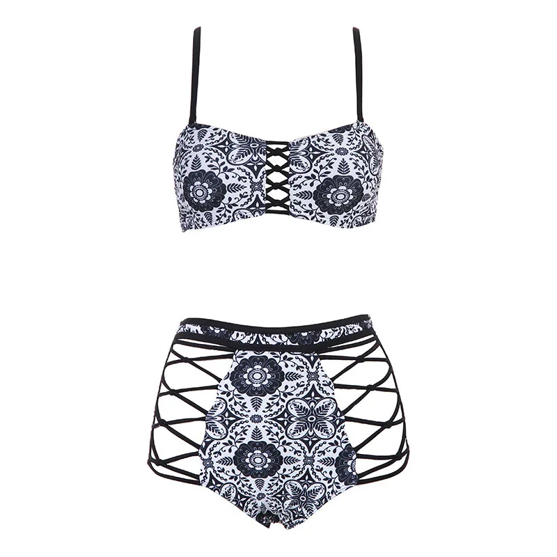 Women Sexy Print Floral Bikinis High Waist Swimsuit Grid Bikini Set