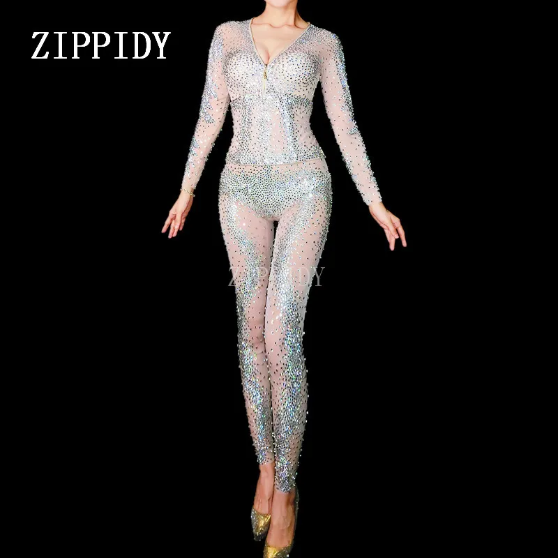 Silver Full Rhinestones Mesh Jumpsuit Women Celebrate Perspective