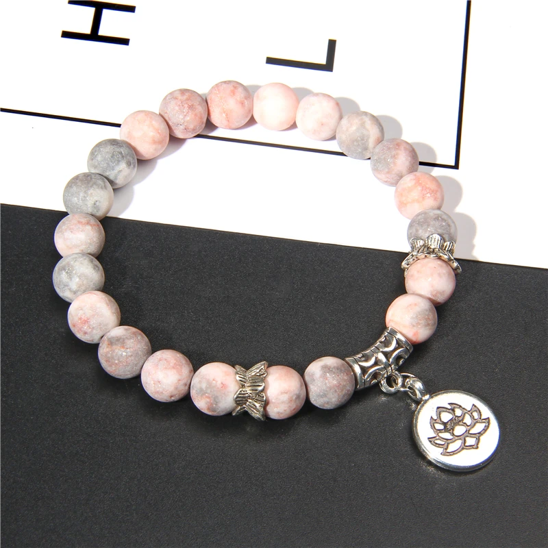 Handmade Natural Stone Lotus Ohm Buddha Beads Bracelet Pink Zebra Stone Lotus Charm Bracelet For ...