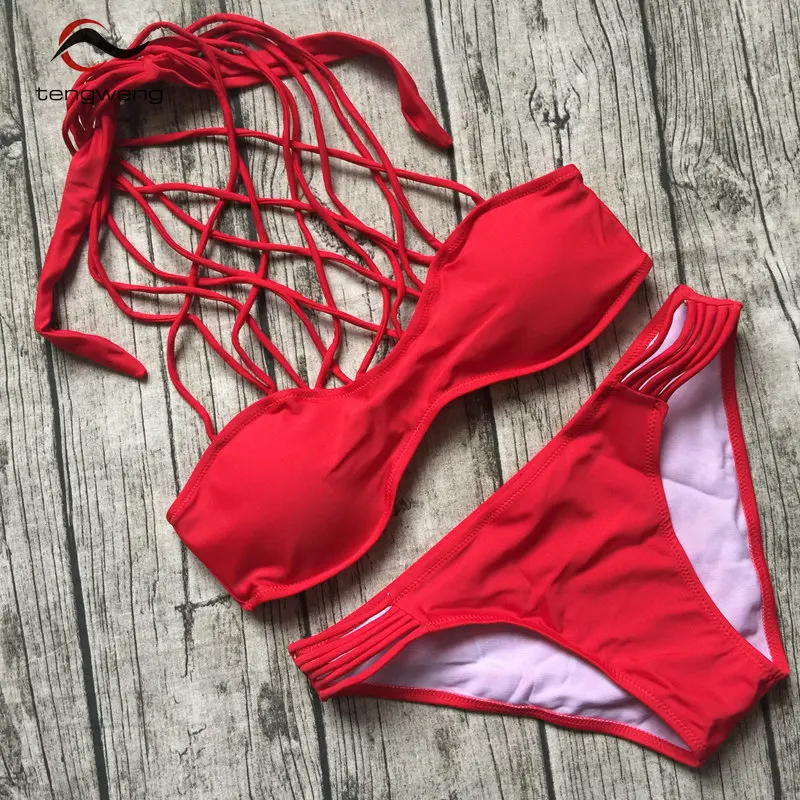 2017 New sexy High Neck bikinis Set Solid Red swimwear Brazilian Bikini ...