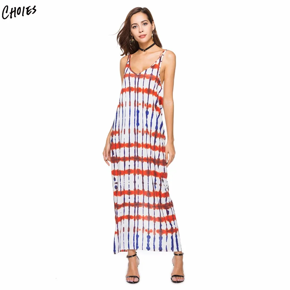 Polychrome Plunge Print Detail Open Back Women Maxi Dress V Neck ...