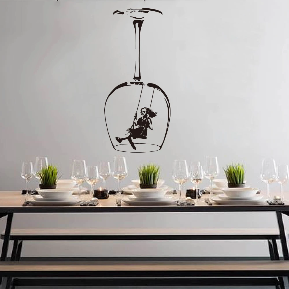 Banksy Swinging Girl Wine Glass Wall Sticker Kitchen Dining Room ...