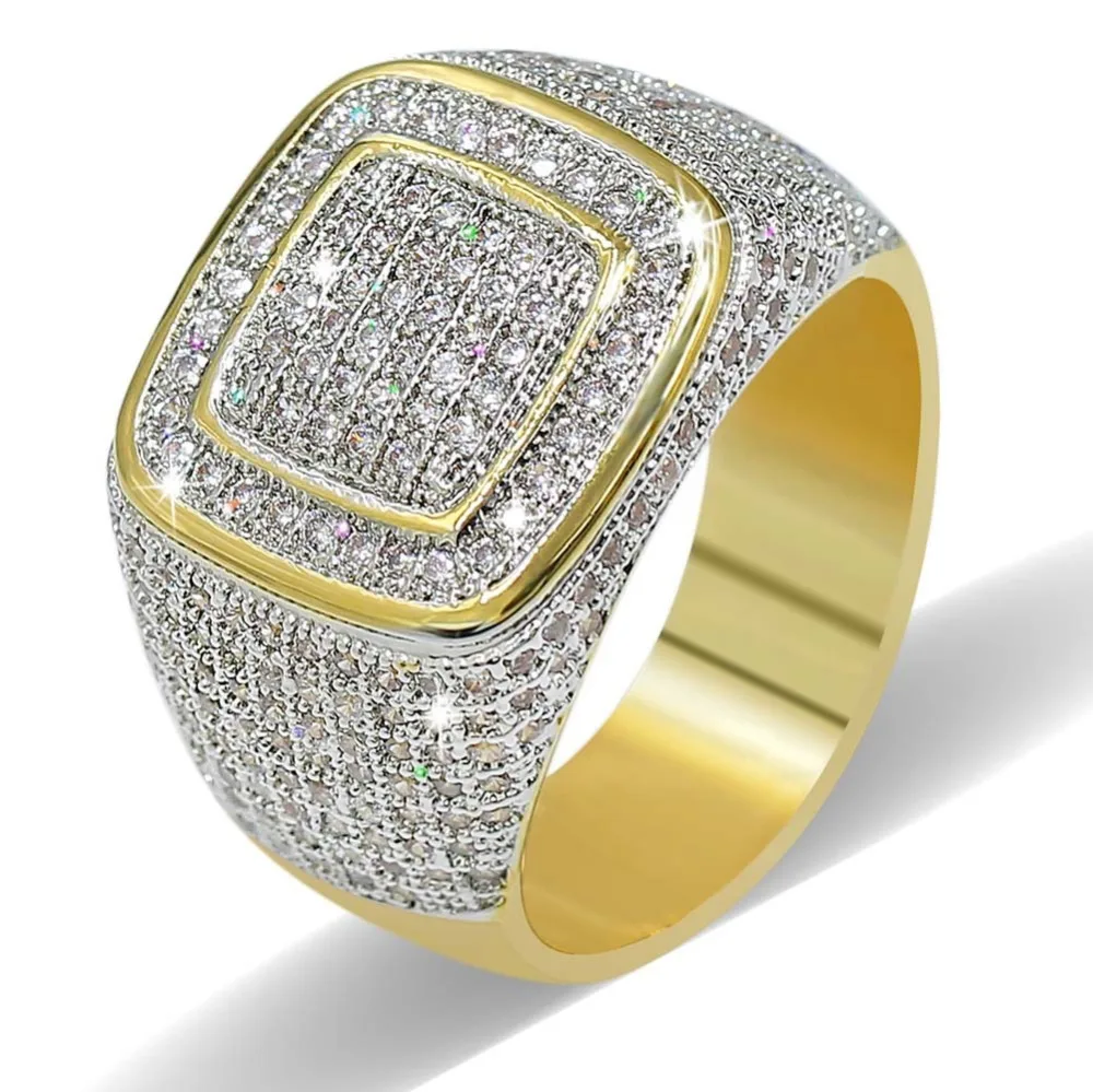 Handmade Hip Hop Style Luxury Fashion Bling Bling Copper Zircon Ring Gold Color Rapper Finger