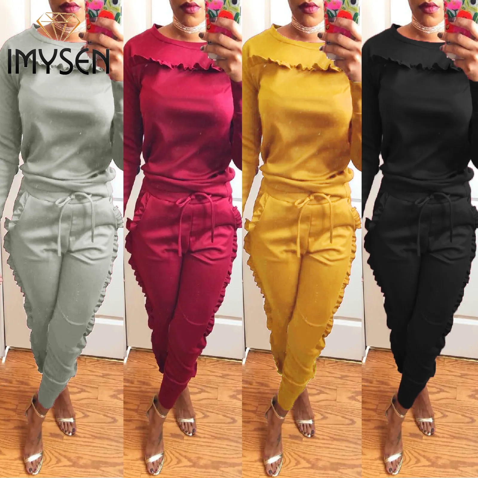 Imysen 2018 Spring Autumn Casual Tracksuits Women Two Piece Set Solid O