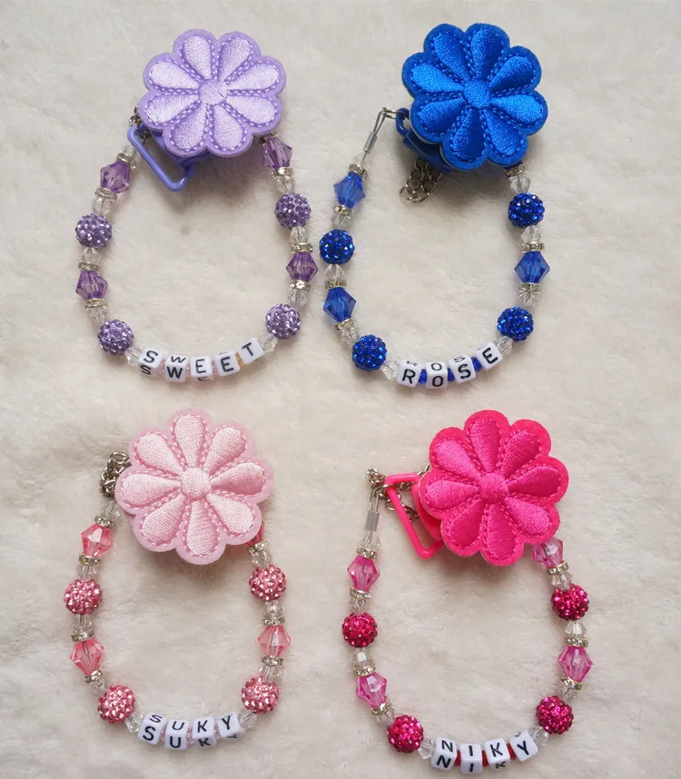 Personalised Any name Princess flower Bling Customized pacifier chain ...
