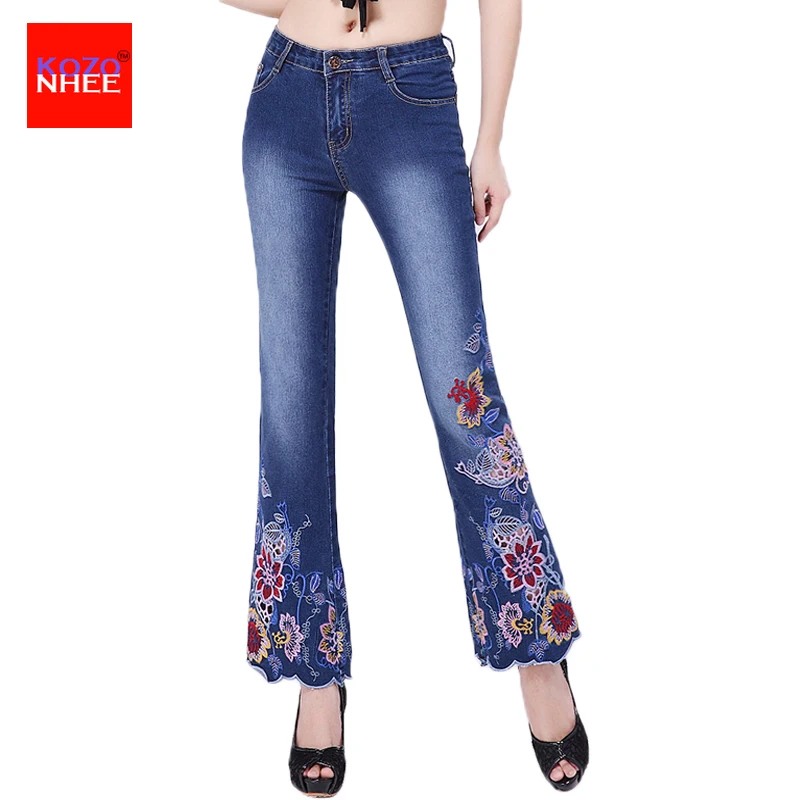 Plus Size Stretching flared jeans with embroidery bell bottoms jeans ...