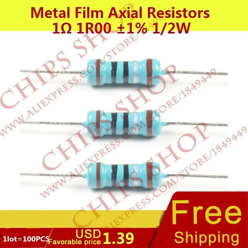 1LOT=100PCS Metal Film Axial Resistors 1ohm 1R00 1% 1/2W 0.5W Wattage1 ...