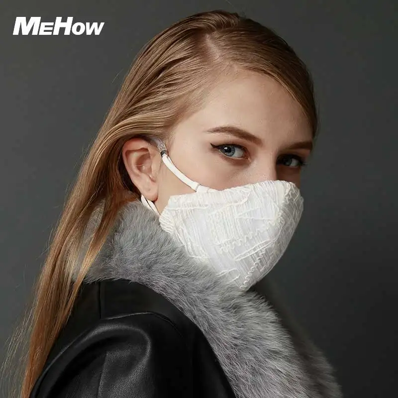MeHow White Mesh Cloth Embroidery Mouth Mask for Women PM2.5 Anti Haze ...