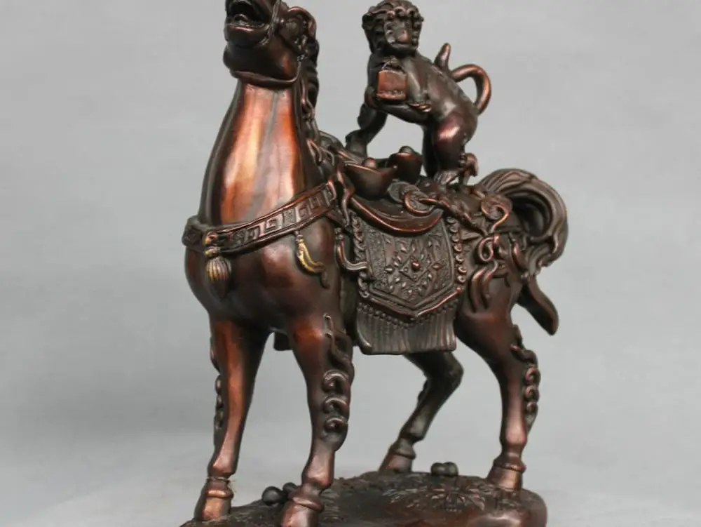 11'' China Folk Pure Bronze Monkey Ride Horse Statue Yuanbao Coins|coin ...