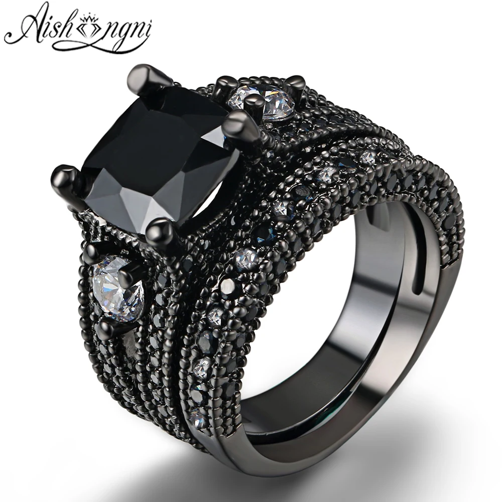 2Pcs/set Big Black Ring Set AAA+ Cubic Zirconia Crystal Ring Bridal ...