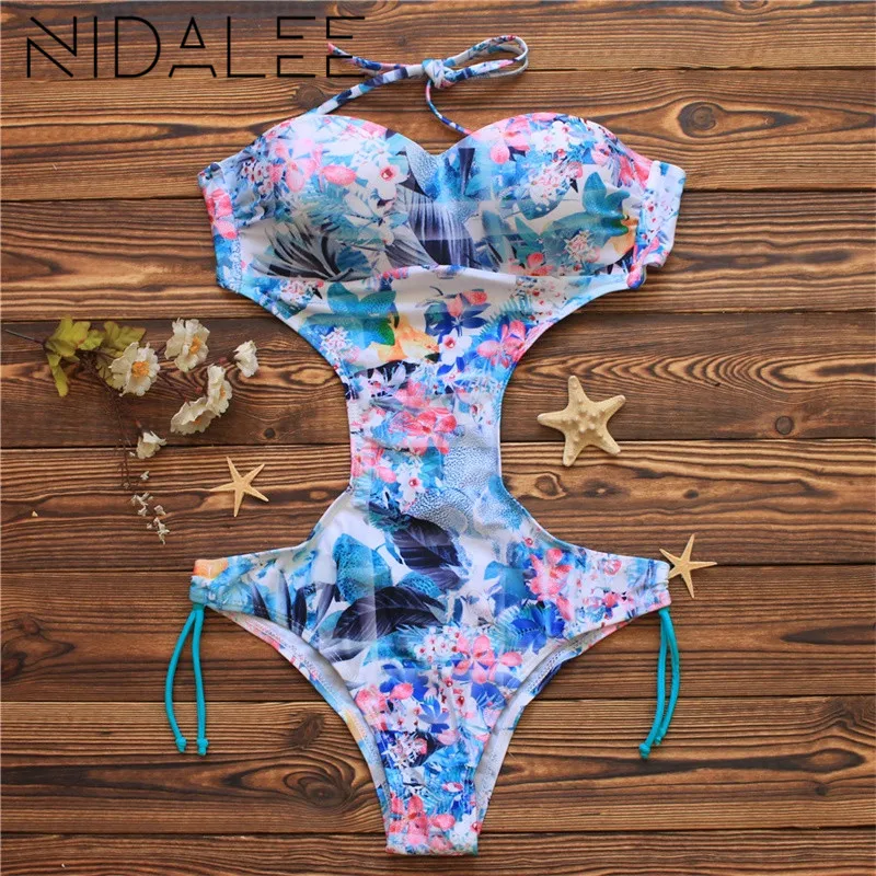 2017 New One Piece Swimsuit Sexy Floral Print Trikini Halter Top
