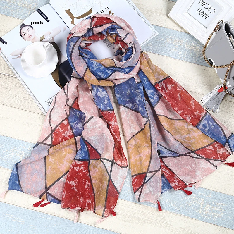 2017 Newest Women Geometry Pattern Cotton Tassel Scarf 6Colors 10PCS ...