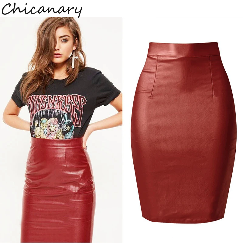 Chicanary Women Wine Red Pu Skirts Elastic Skinny Pencil Knee Length