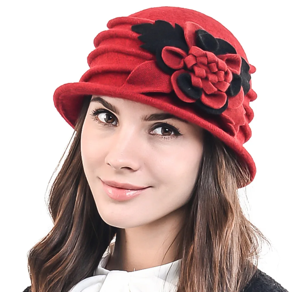 HISSHE Lady Wool Bucket Winter Hat Female Classic Trimmed Floral Church ...