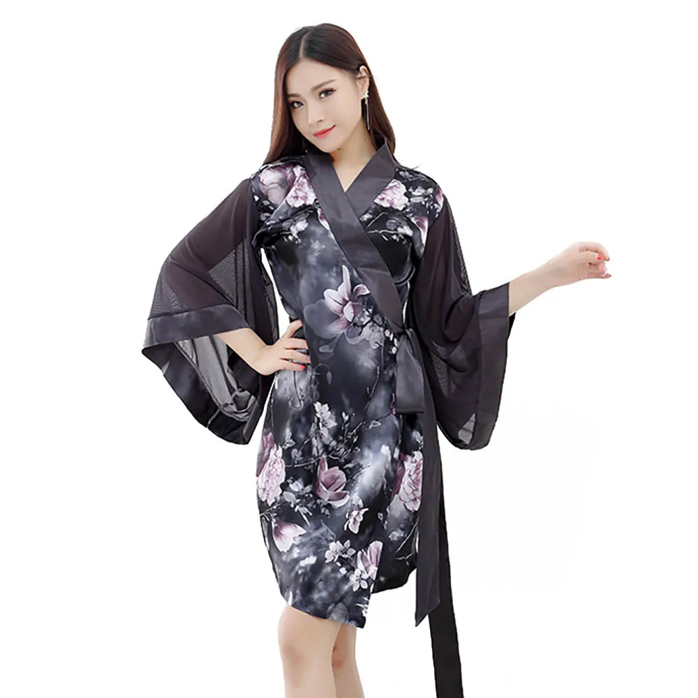 Women's Flower Print Short Kimono Robe Elegant 3/4 length Chiffon ...