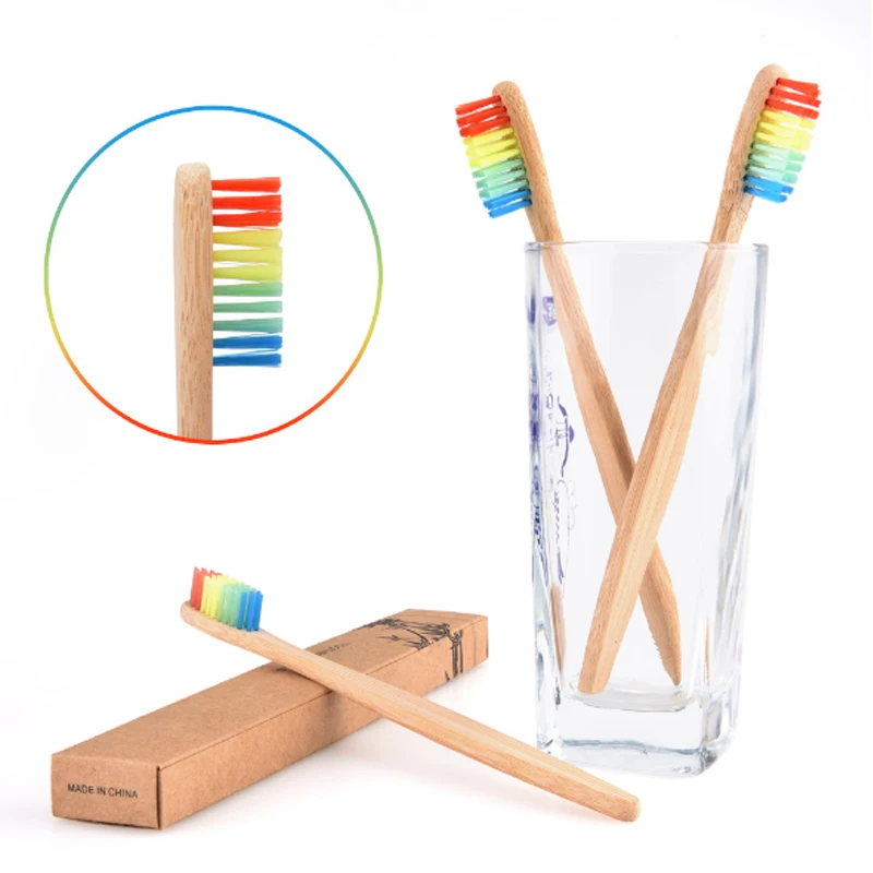 1PC Colorful Head Bamboo Toothbrush Environment Wooden Rainbow Bamboo ...