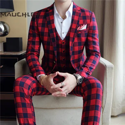 Chinese Style Classic Red Plaid Mens Suit Vest With Pants 3 Pieces Slim ...