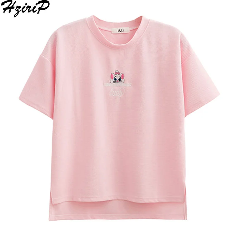 Hzirip 2018 Cute Embroidery O Neck Broadcloth T Shirts Ladies Short