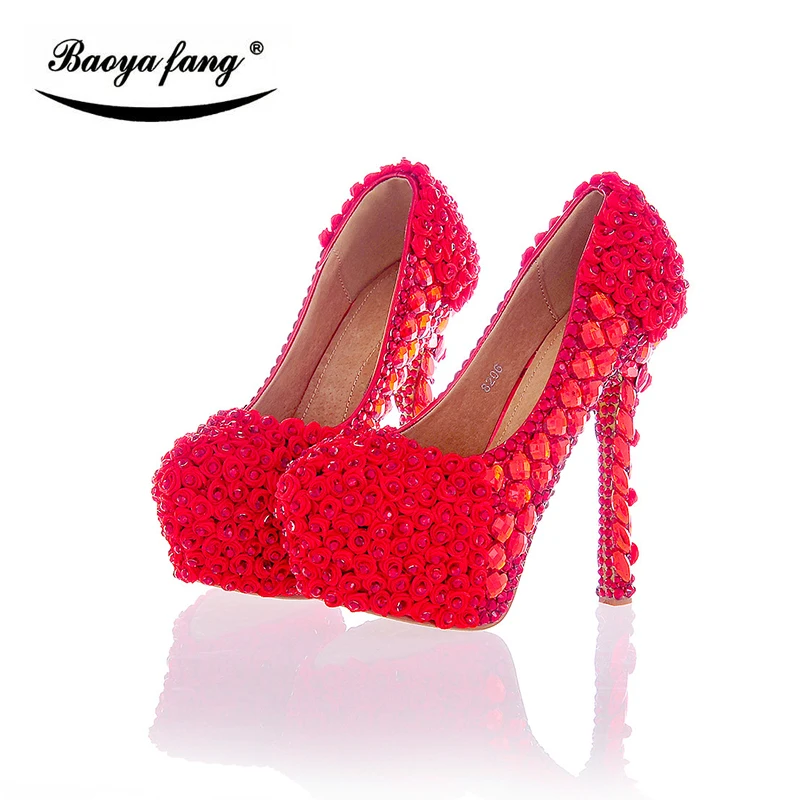 Red Crystal Flower Wedding Shoes Women High Heels Shoes Pumps Leather ...