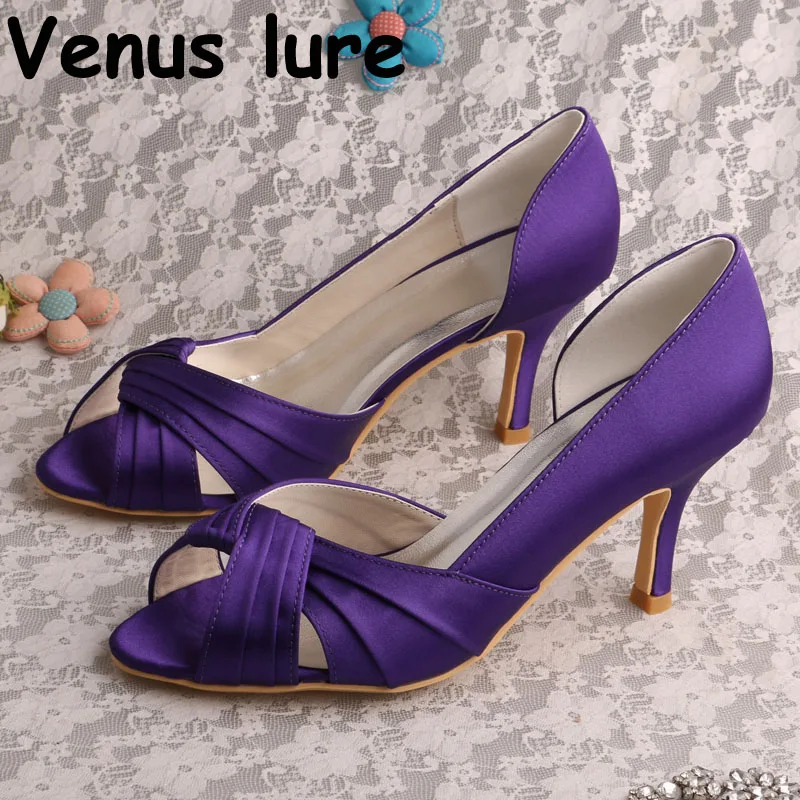 Lançamento sapatos de salto alto roxo cetim festa peep toe sapatos ...