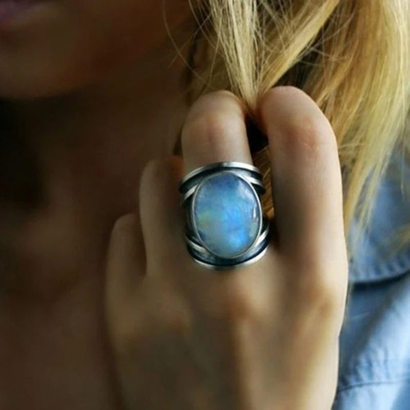 Anillo grande de piedra lunar para mujer, de estilo único sortija de compromiso, Color bonito a ...