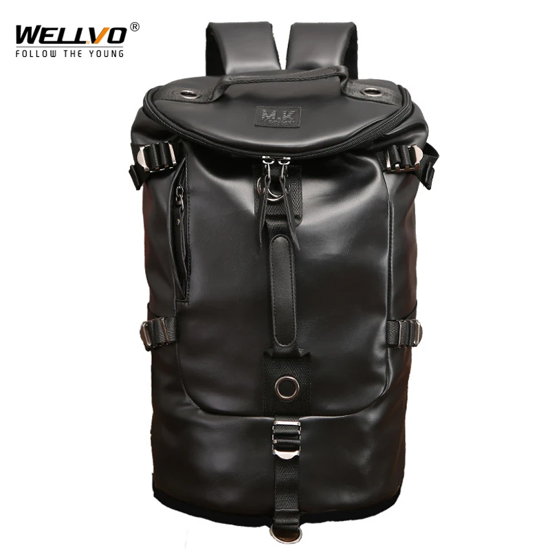 Men Bucket Backpack Pu Leather Travel Bag Large Capacity Luggage Male ...