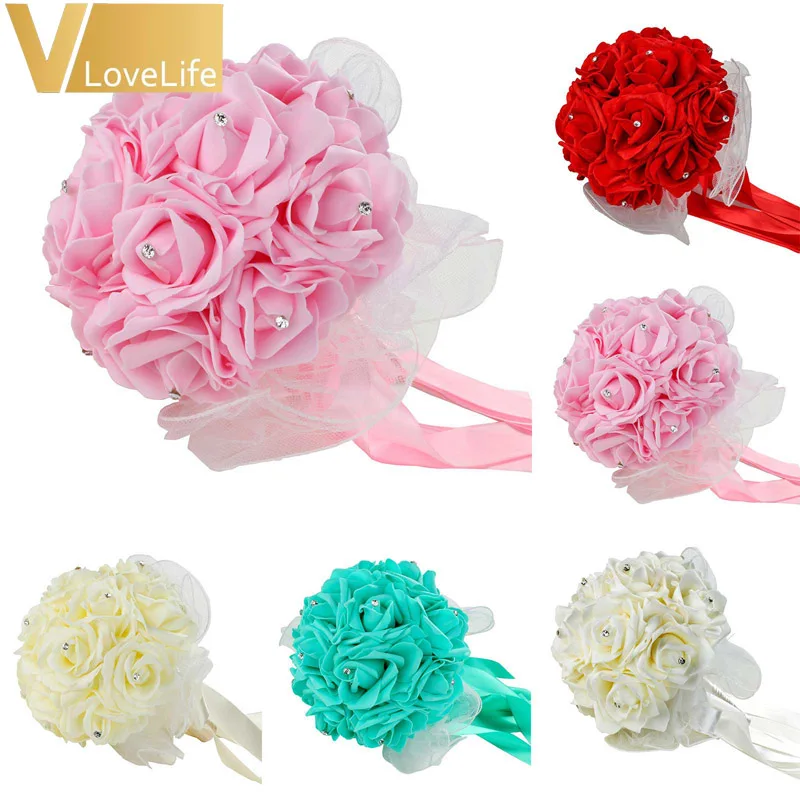 New Wedding Artificial Rose Flowers Lace Bridal Bouquet Crystal ...